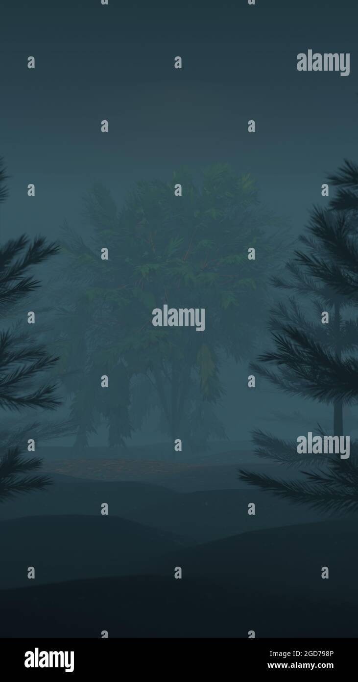 Forest landscape scenery with trees moving in the wind and a heavy ...