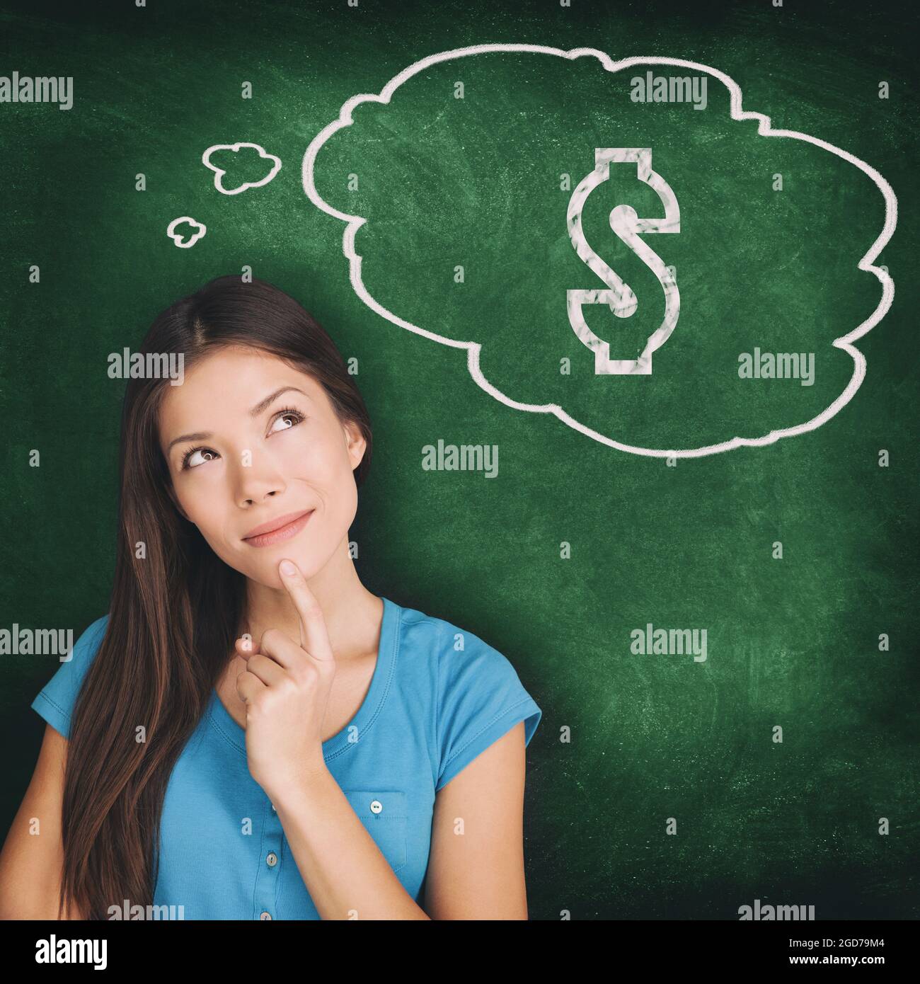 Thought bubble dollar sign drawing young Asian woman thinking of money ...