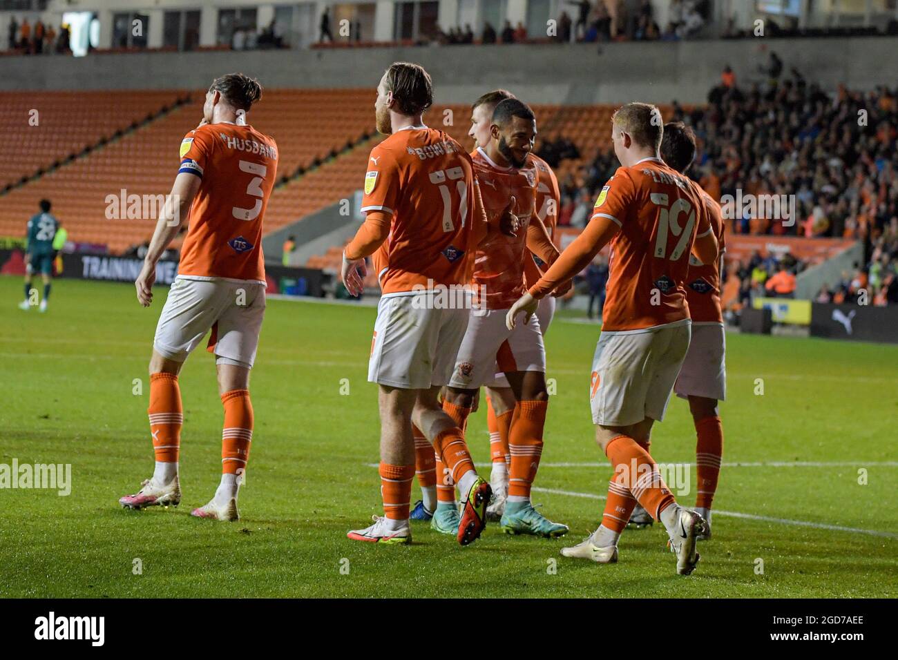 Shayne Lavery #19 of Blackpool celebrates scoring a goal with his team ...