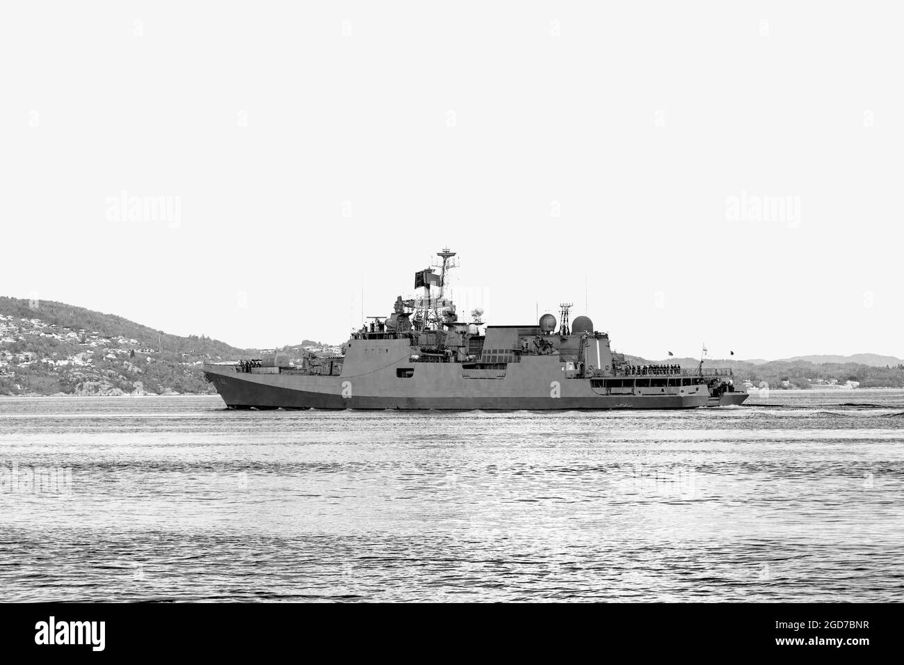Indian frigate INS Tabar F44 at Byfjorden, departing from the old port ...