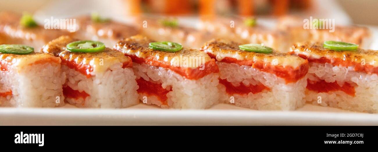 Japanese restaurant food banner panoramic closeup of sushi plate ...