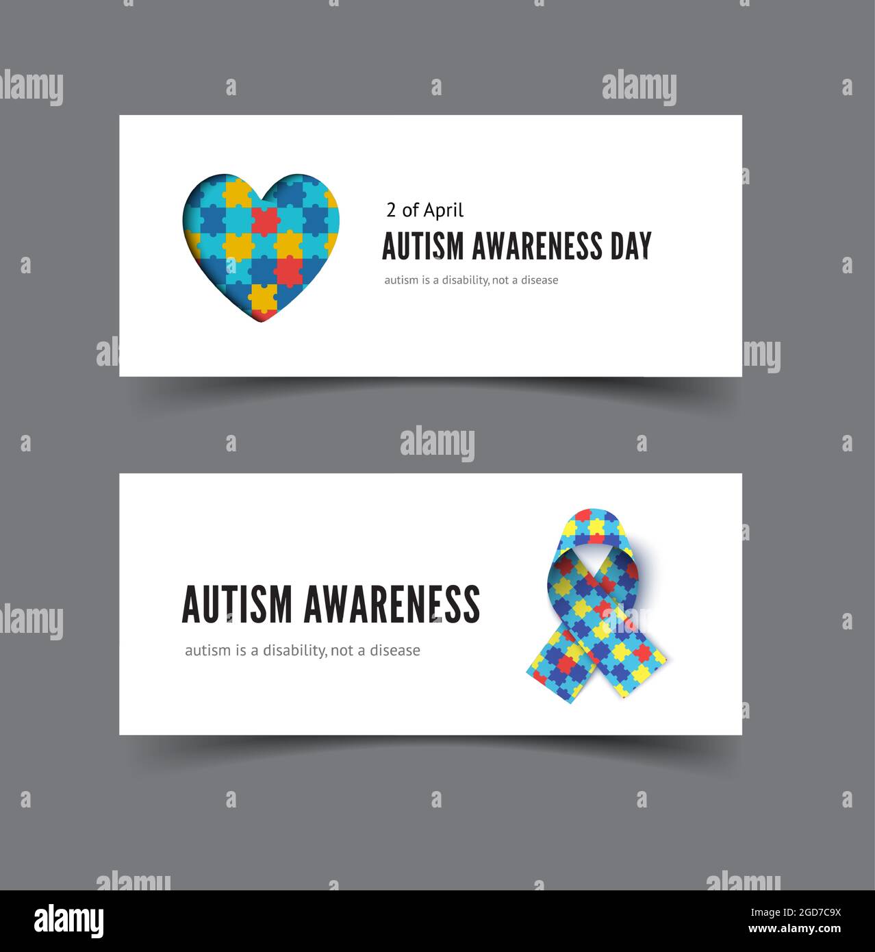 Autism awareness day banner with heart of colorful puzzles and ...