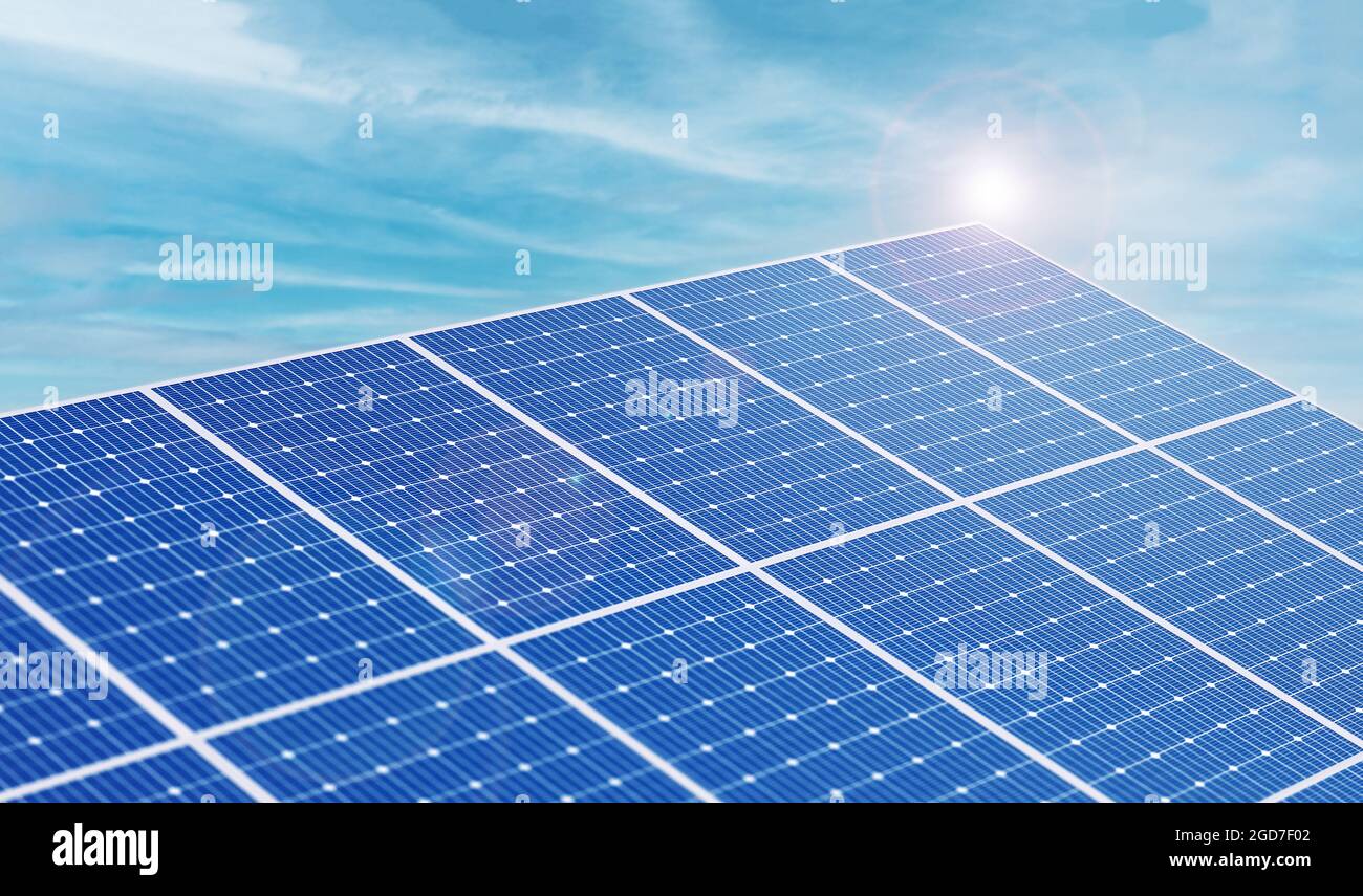 3D rendering of bright blue solar panels under a cloudy sky with the ...