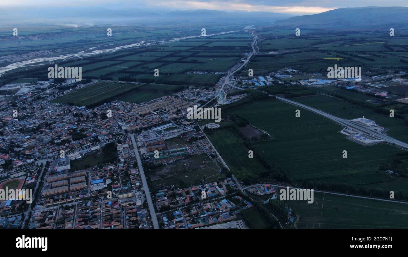 Aerial view of the Bagua-shape distributed Tekesi county, also ...