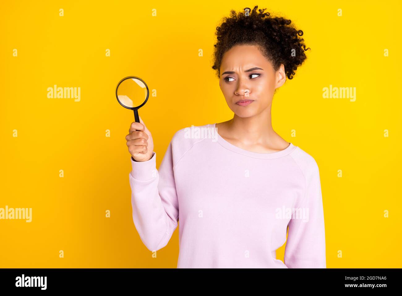 Photo of pretty dark skin person look hand hold magnifying glass ...