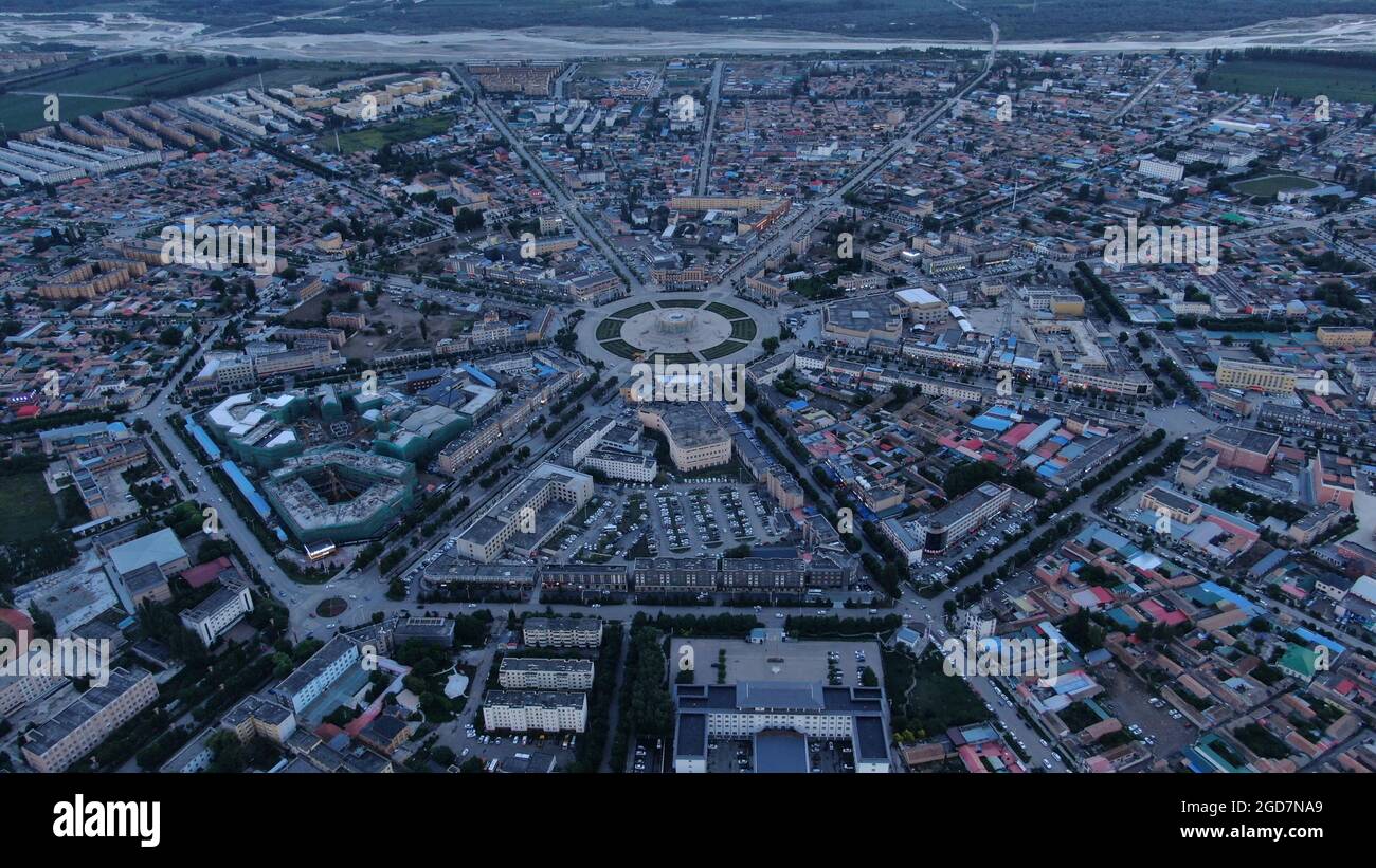Aerial view of the Bagua-shape distributed Tekesi county, also ...