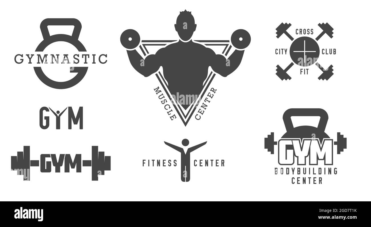 Bodybuilding badges, stickers, emblems. Monochrome fitness labels. Flat ...