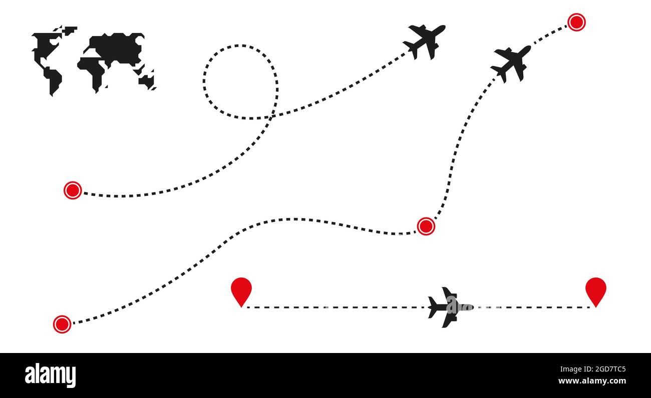 Airplane line path icon. Air plane flight route. Start and finish ...