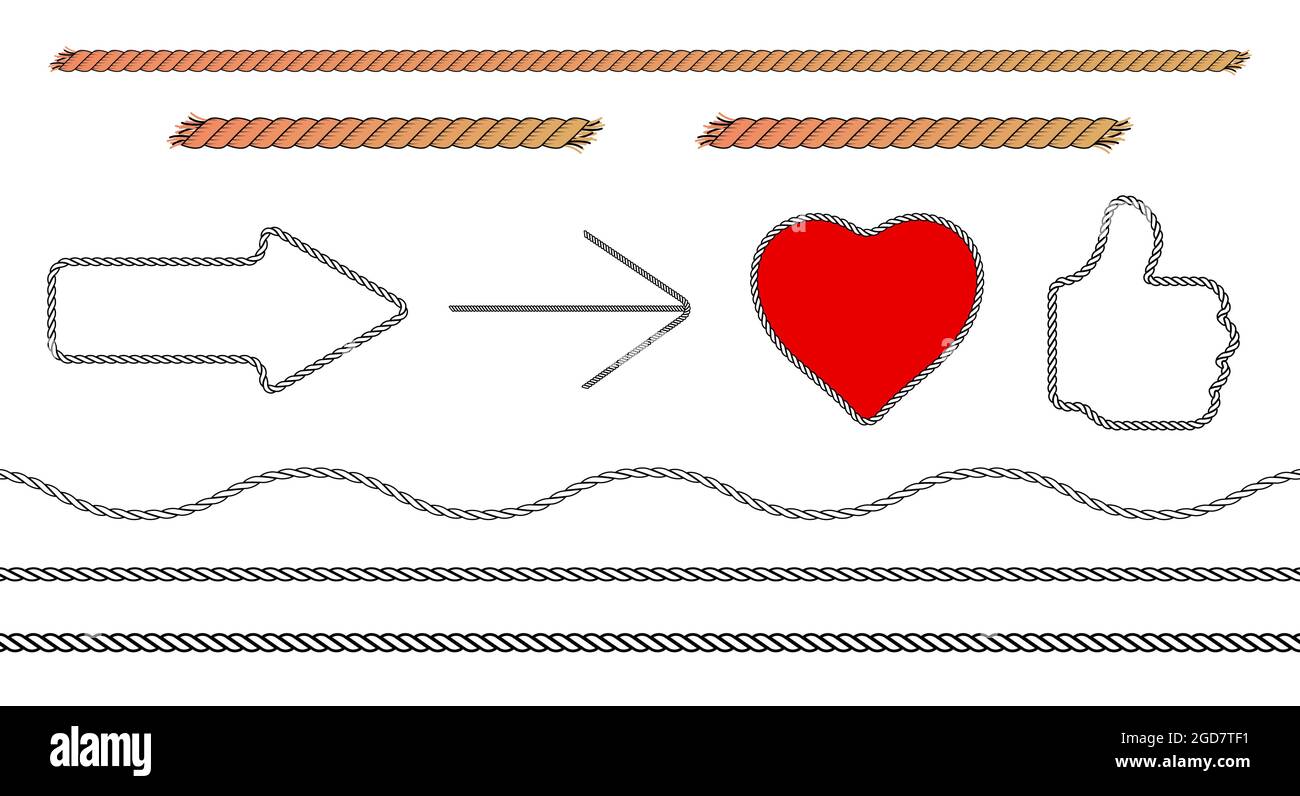 Rope arrow, heart and thumbs up set. Cord icons. Flat vector ...