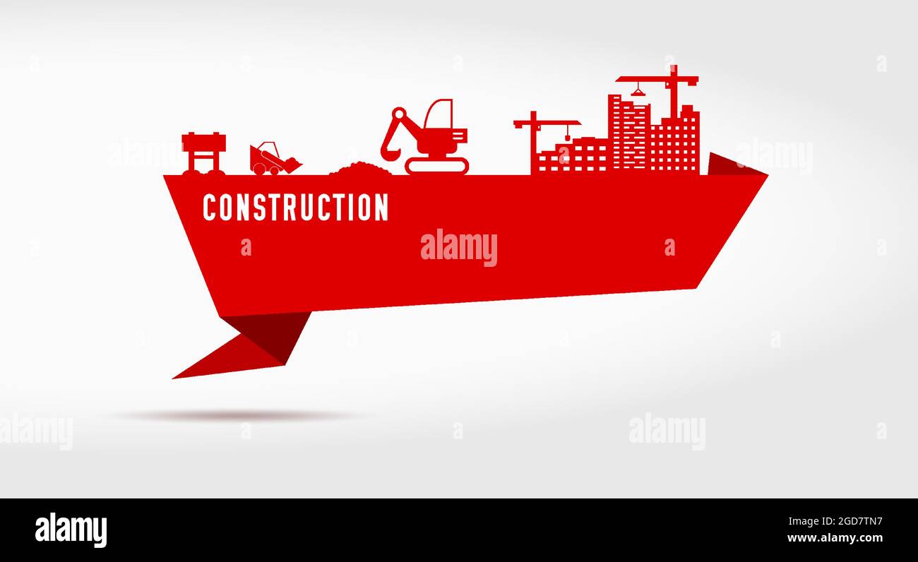 Construction red paper cut ribbon banner. New building, excavator ...