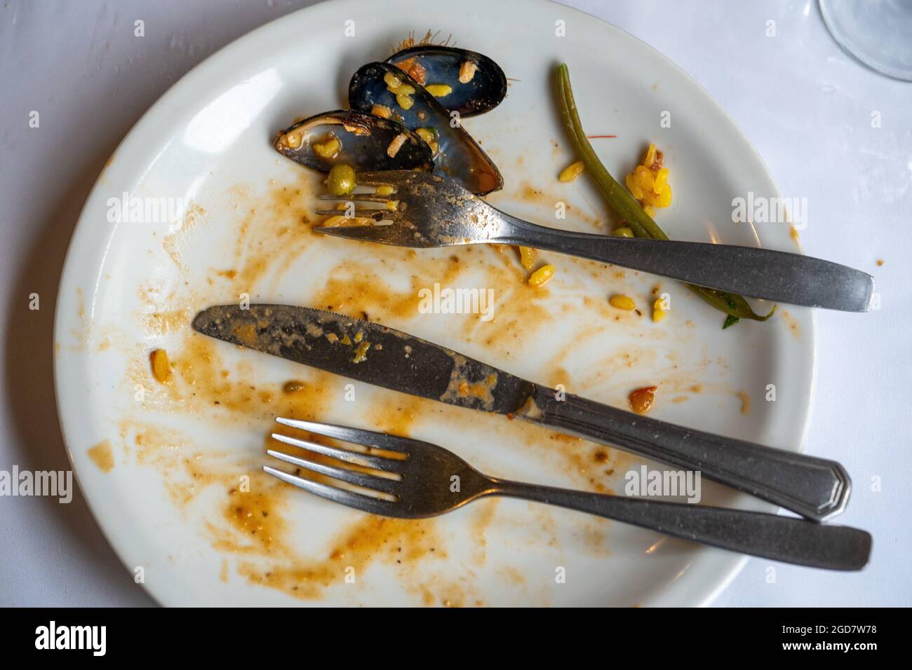 Top view of an empty dirty plate with knife and forks Stock Photo - Alamy