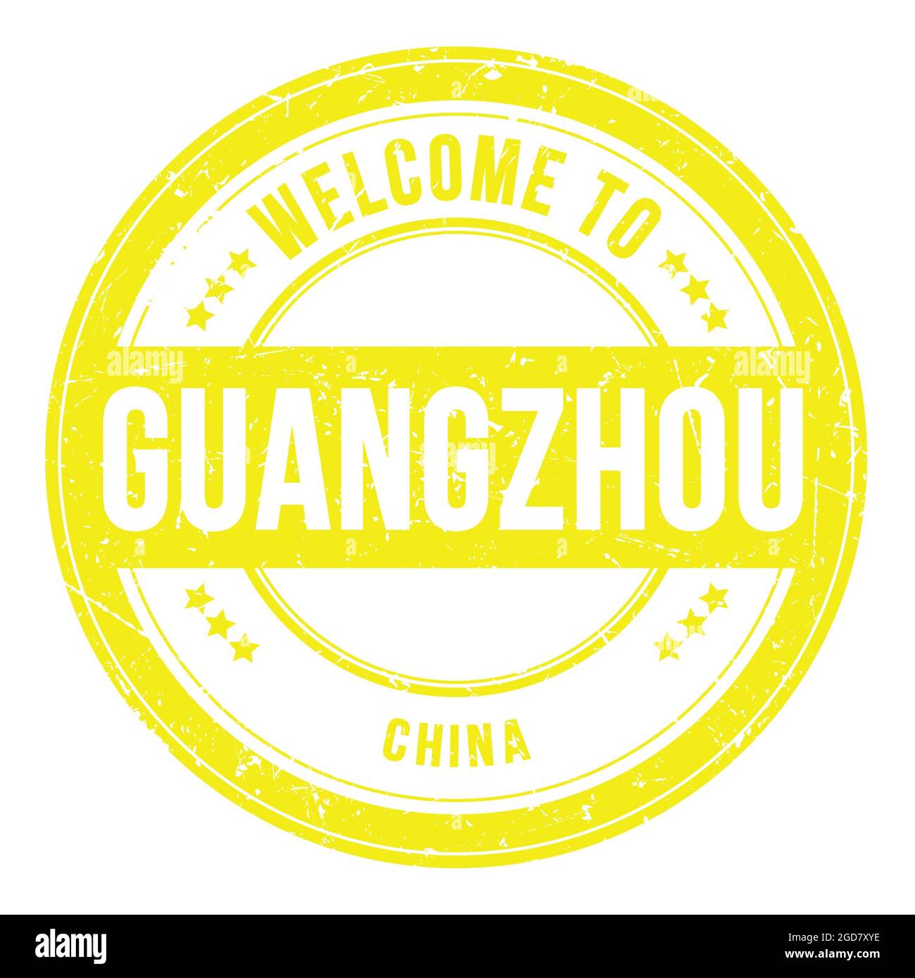 WELCOME TO GUANGZHOU - CHINA, words written on yellow round coin stamp ...