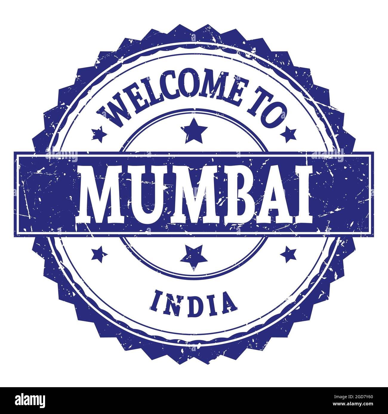 WELCOME TO MUMBAI - INDIA, words written on blue round zig zag stamp ...