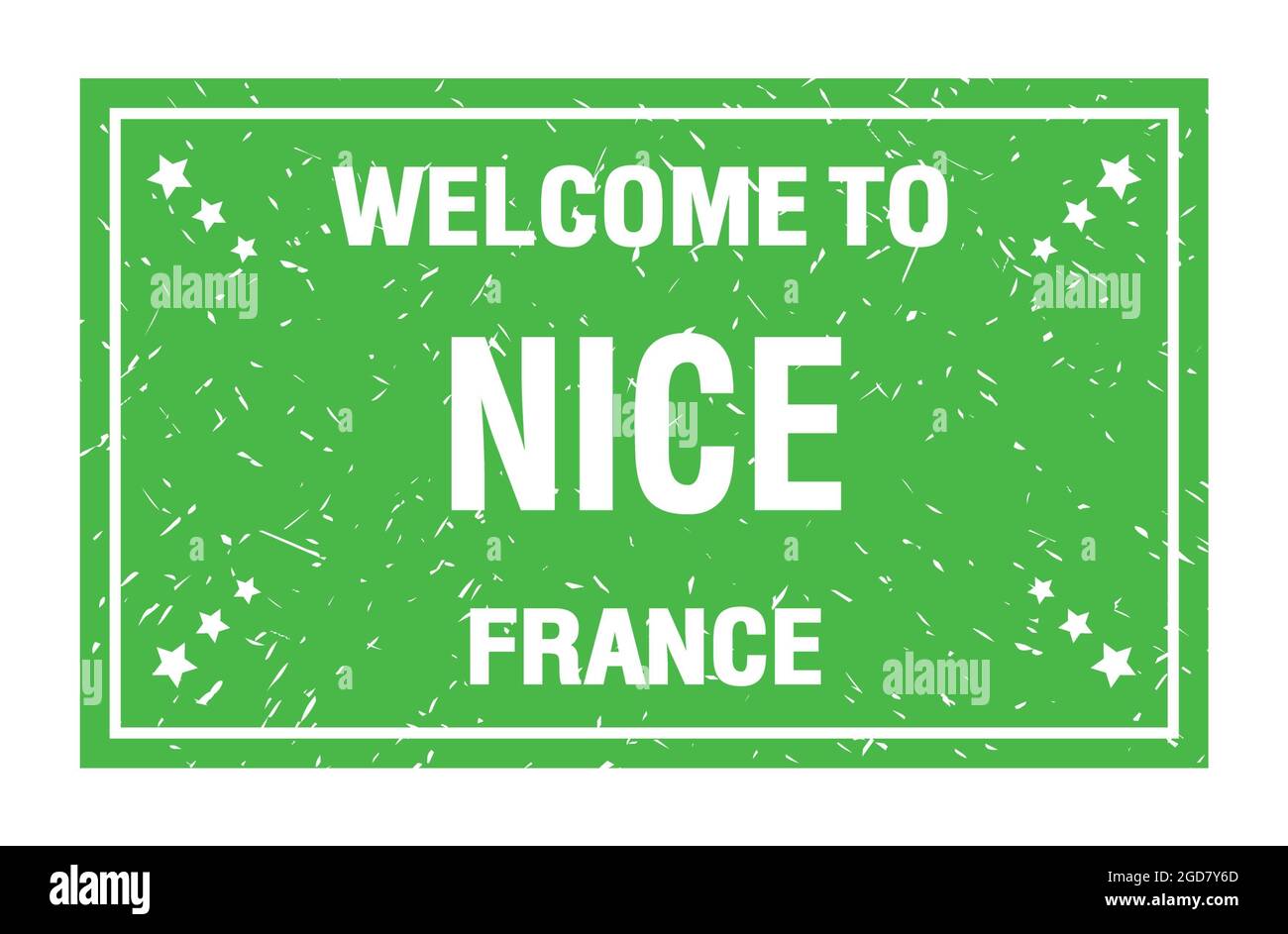 WELCOME TO NICE - FRANCE, words written on green rectangle flag stamp ...