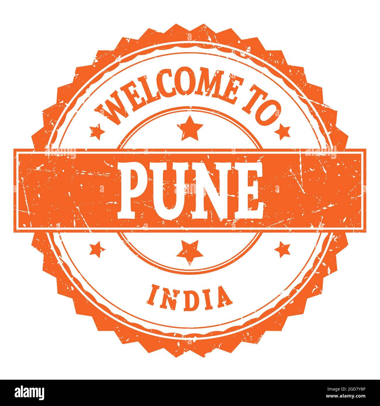 WELCOME TO PUNE - INDIA, words written on orange round zig zag stamp ...