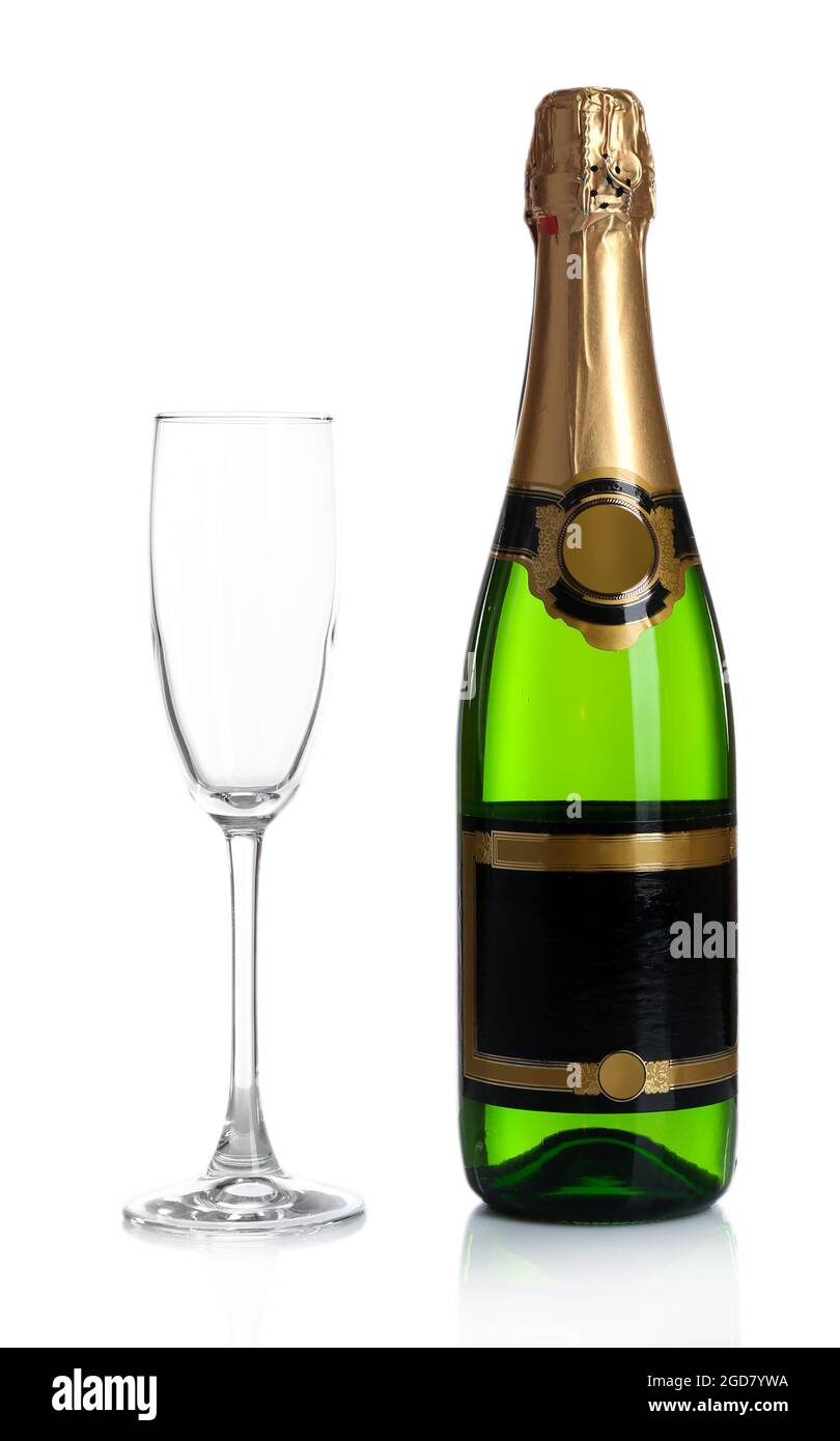Bottle of champagne and empty champagne glass, isolated on white Stock ...