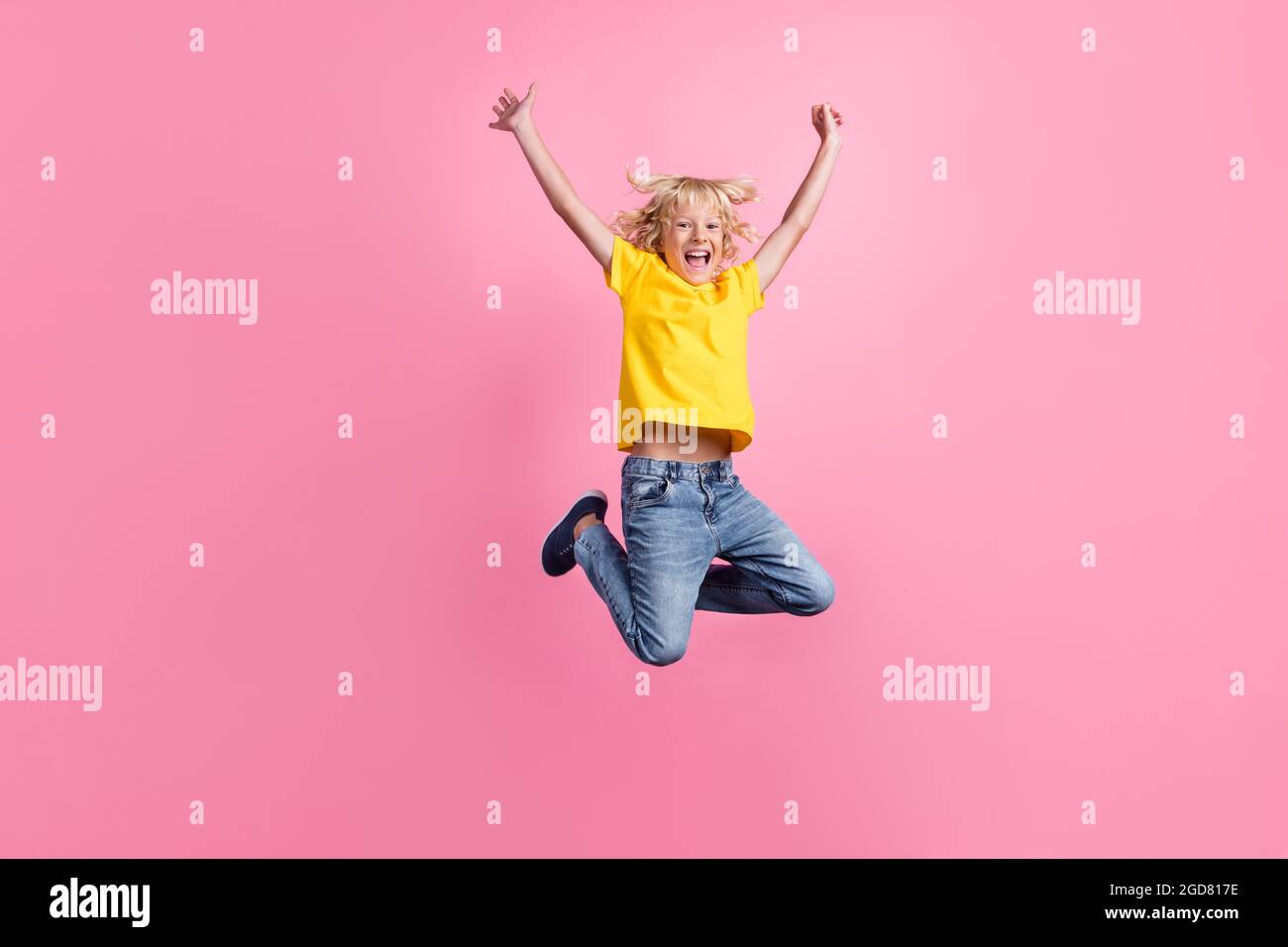 Full body photo of young cheerful school boy happy positive smile jump ...