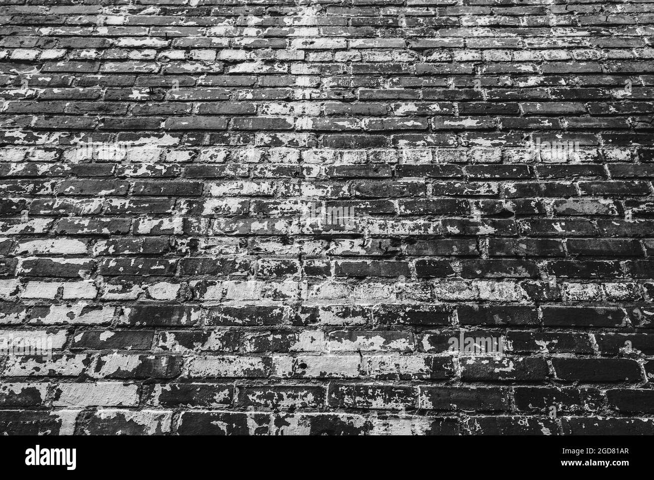 Old white paint and rough brick wall with receding perspective in black ...