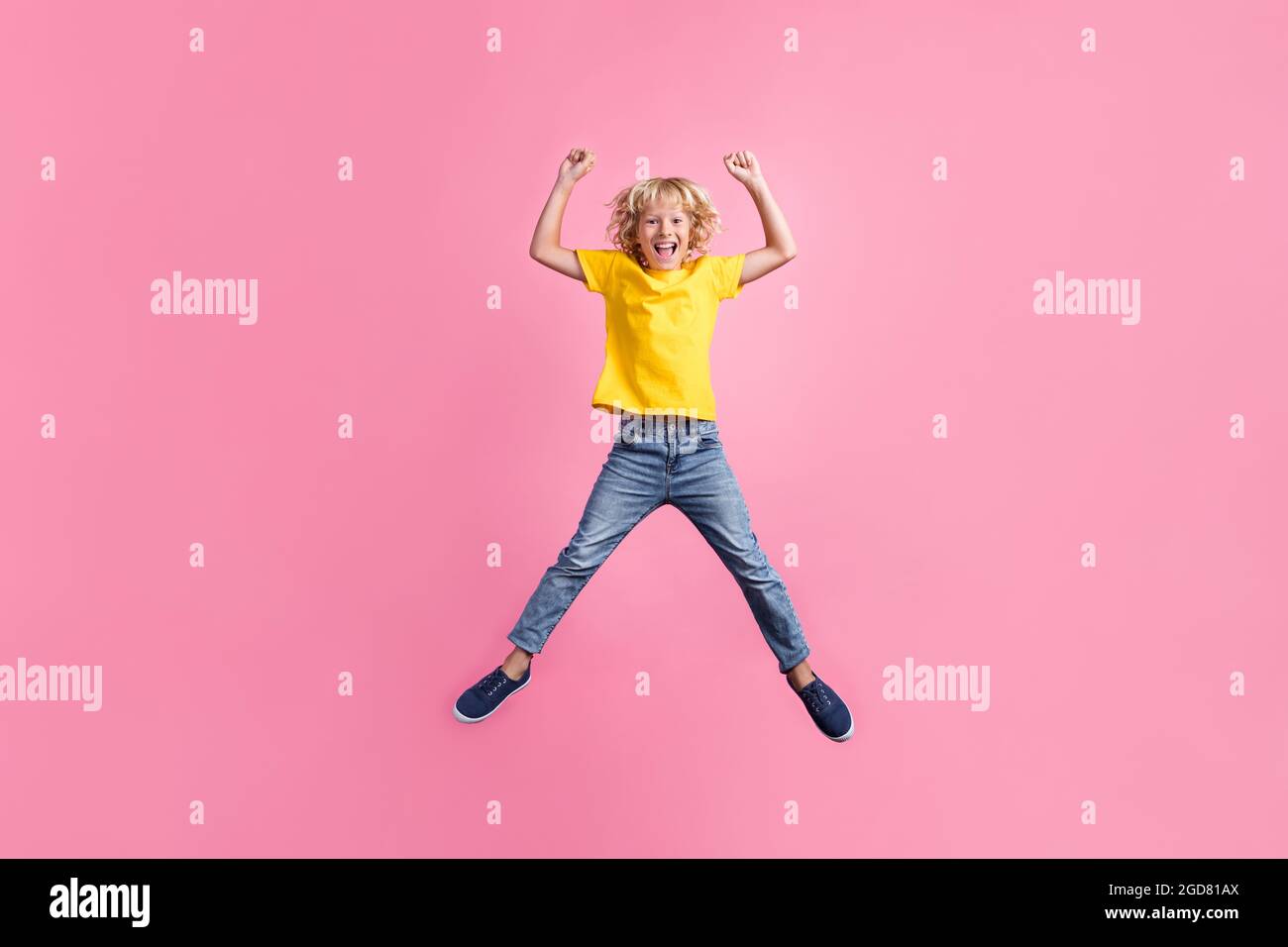 Full size photo of young boy happy positive smile jumper rejoice lucky ...