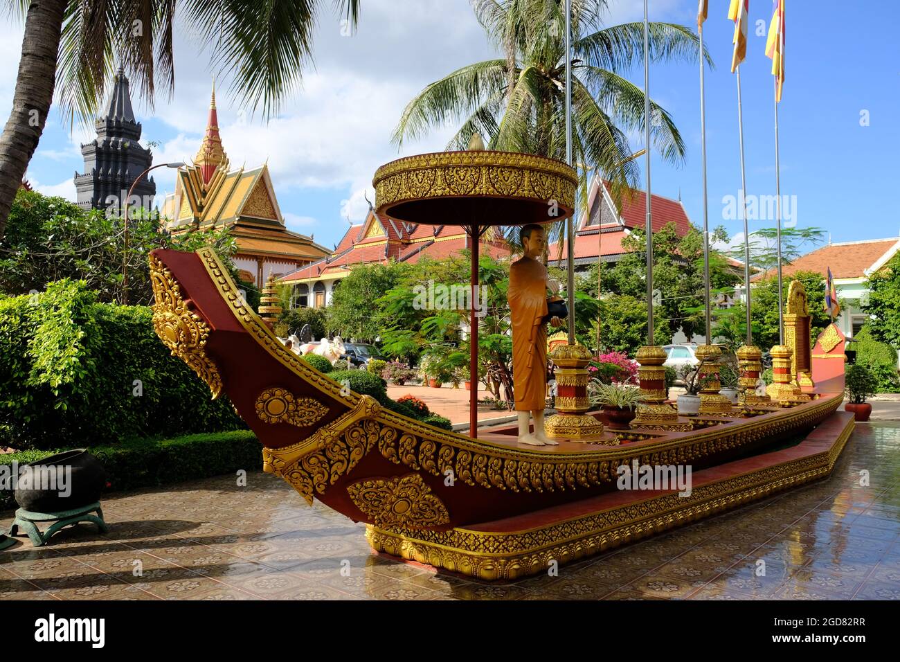 Cambodia Krong Siem Reap - Wat Preah Prom Rath Buddha statue on a boat ...
