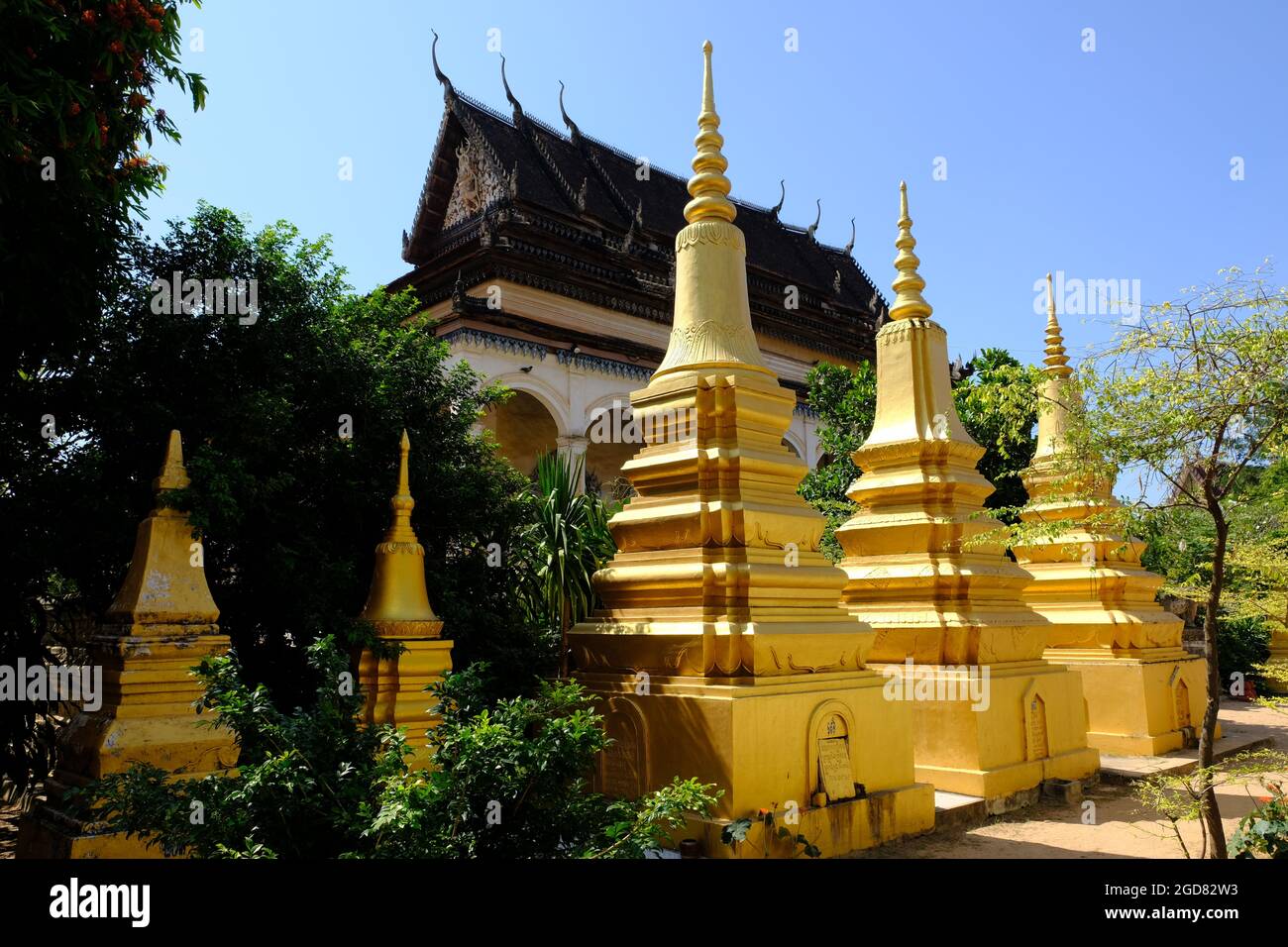 Cambodia Krong Siem Reap - Wat Bo group of golden Stupa towers Stock ...