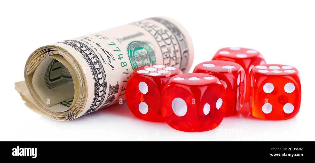 Red dices and money, isolated on white Stock Photo - Alamy