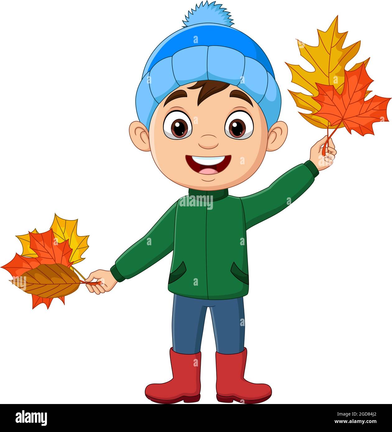 Cartoon little boy with autumn leaves Stock Vector Image & Art - Alamy