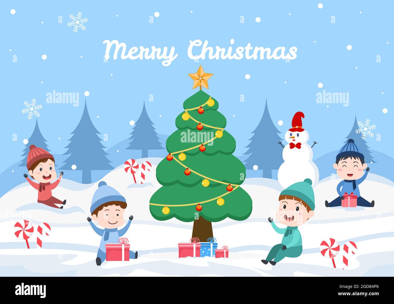 Happy celebrating christmas day with kids and snowman hi-res stock ...