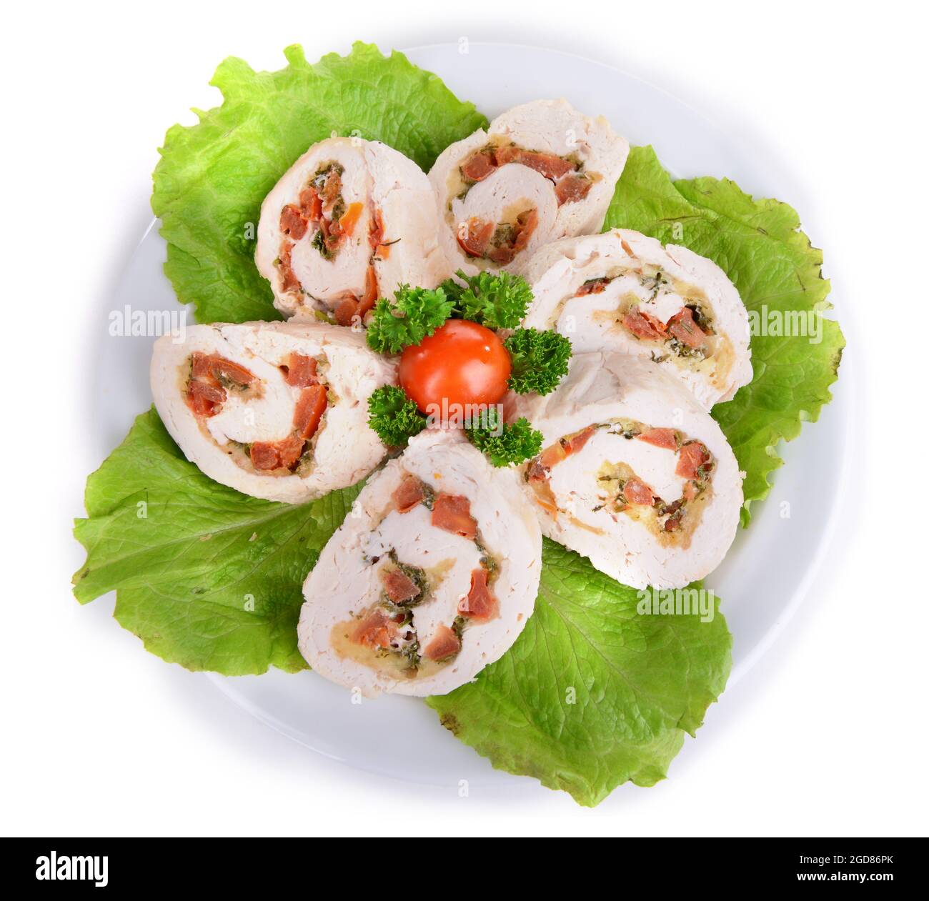 Delicious chicken roll on plate isolated on white Stock Photo - Alamy