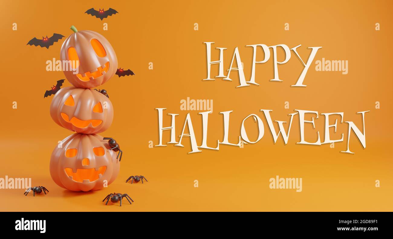 Halloween's day concept. Cute pumpkin ghost, bat and spider ...