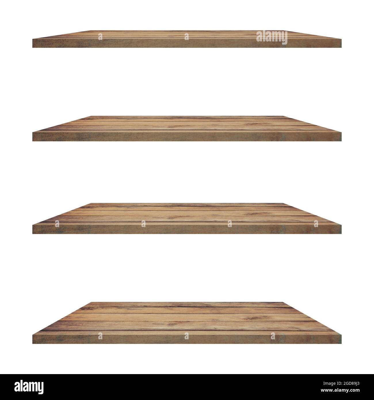 4 Wood shelves table isolated on white background and display montage ...