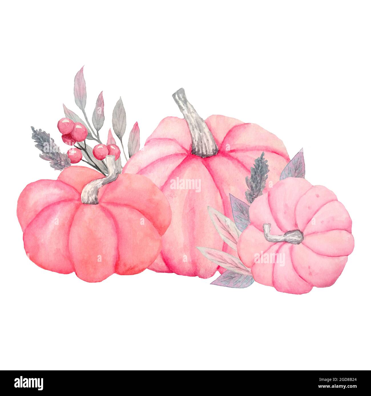 Hand drawn watercolor illsutration of fall autumn pastel soft pink ...