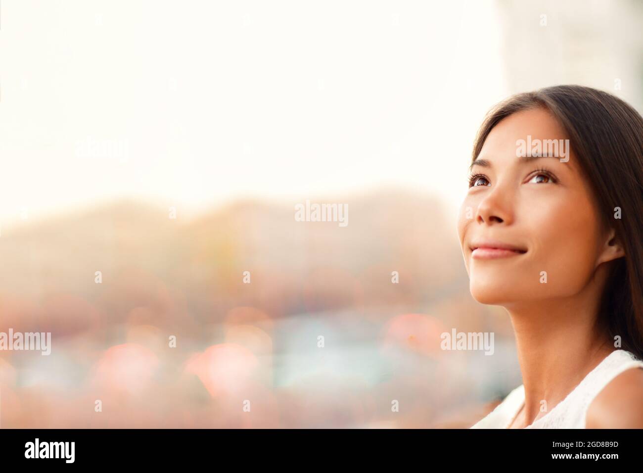 Happy Young Asian Woman Natural Beauty Looking Up Pensive Thinking Of