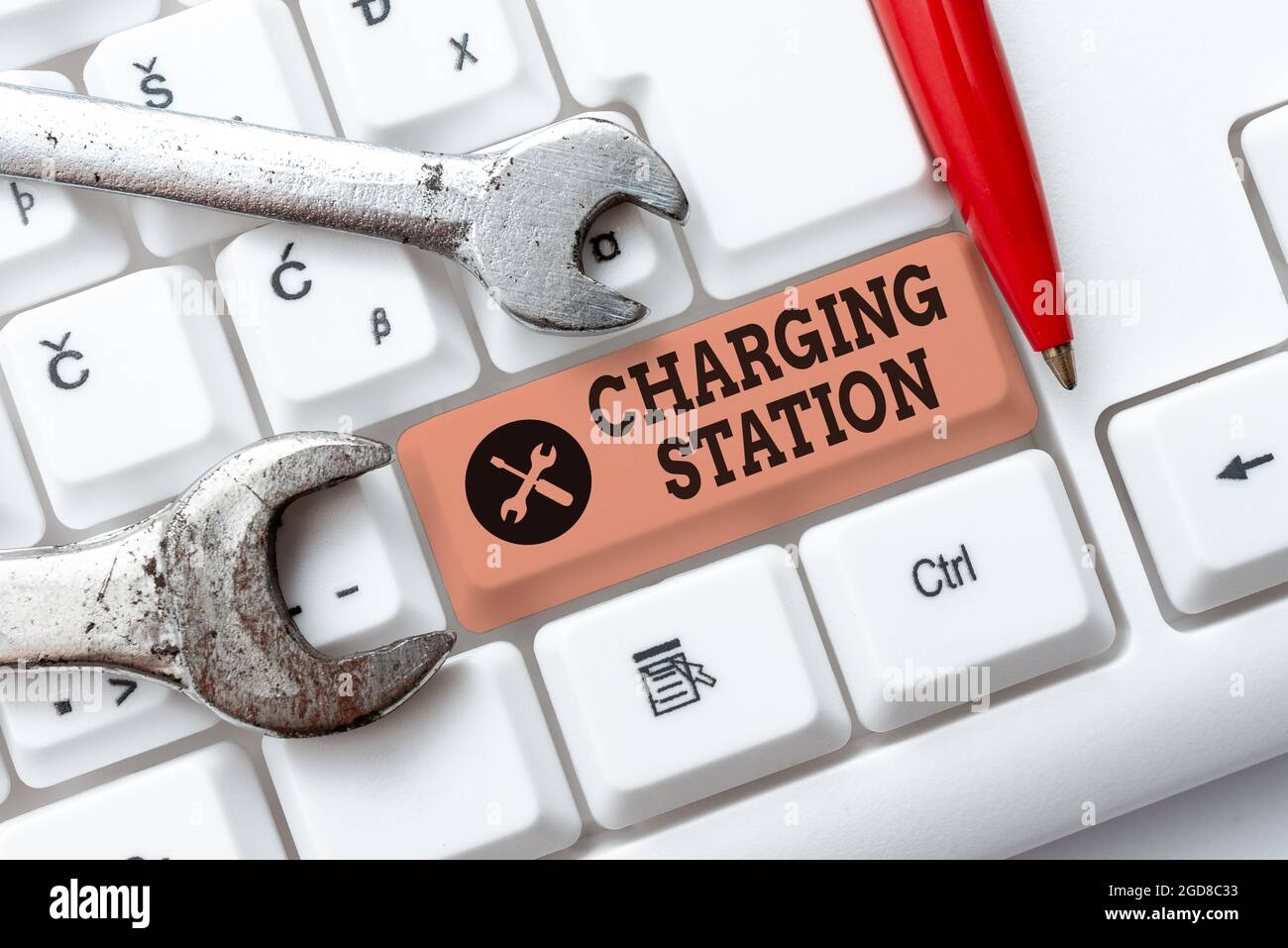 Text caption presenting Charging Station. Word Written on places where ...