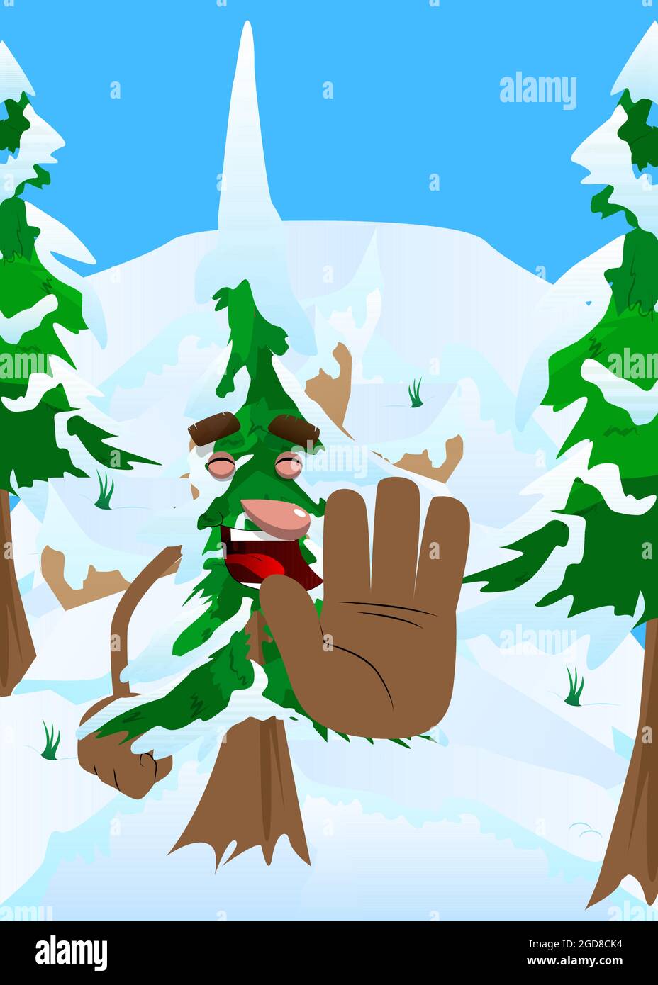 Cartoon winter pine trees with faces showing deny or refuse hand ...