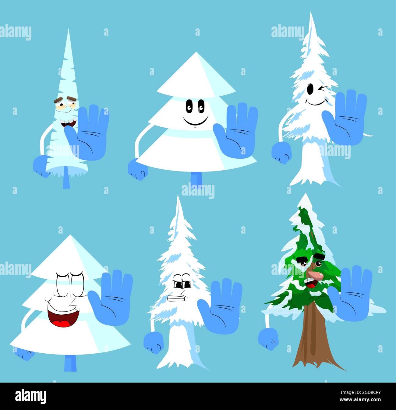 Cartoon winter pine trees with faces showing deny or refuse hand ...