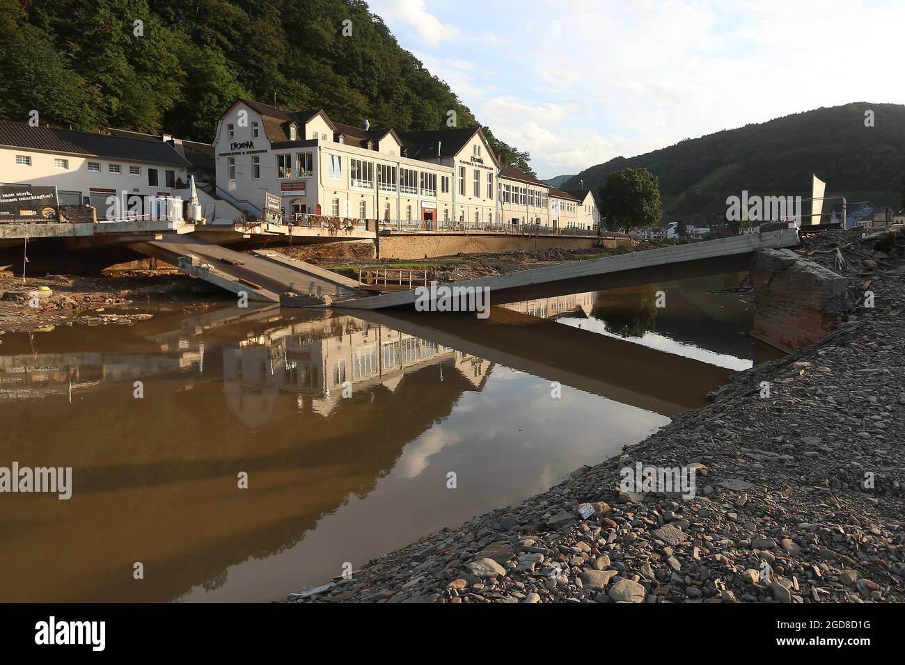 Bad Neuenahr, Germany. 11th Aug, 2021. A destroyed bridge lies in the ...