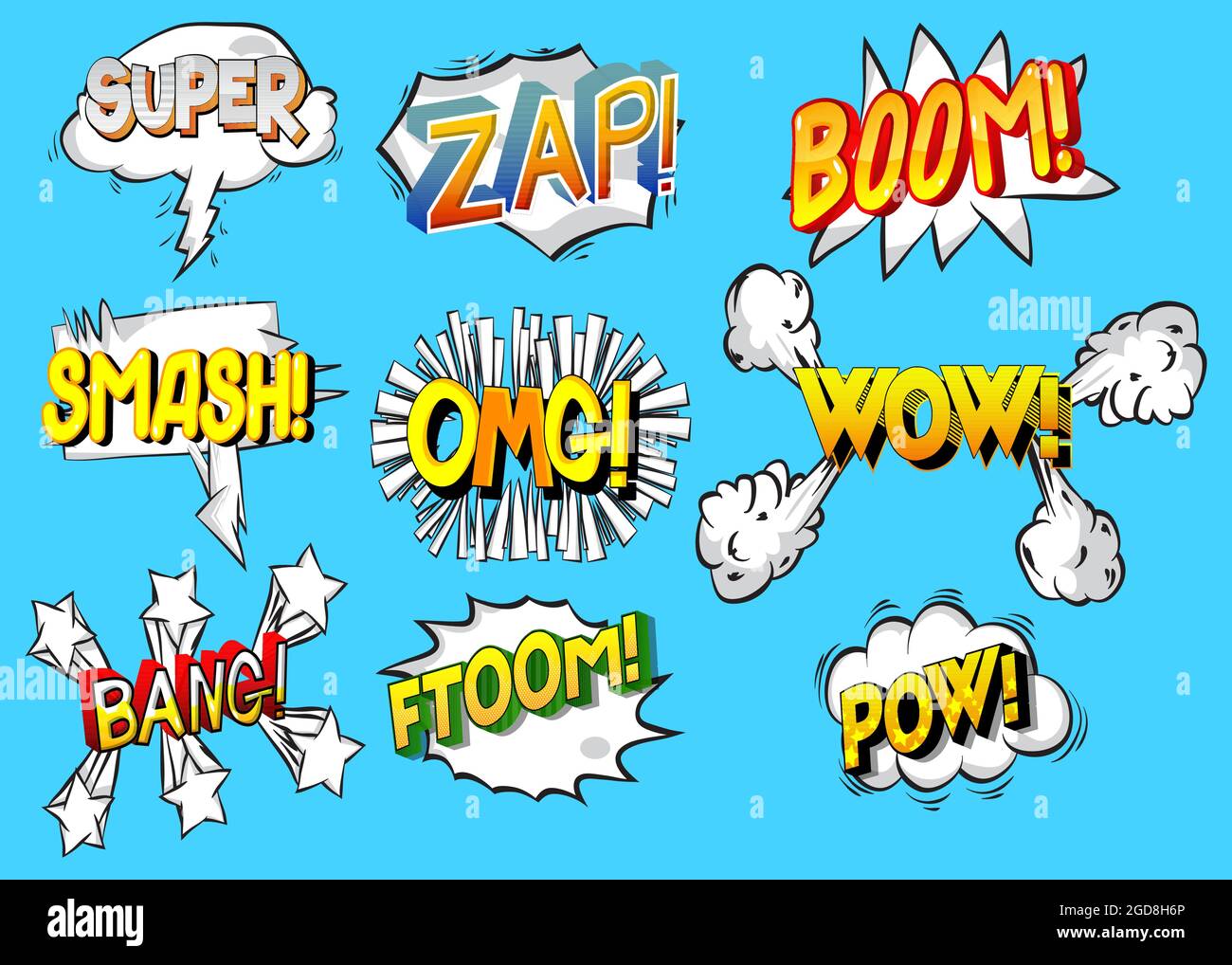 Super, Zap, Boom, Smash, OMG, WOW, Bang, Ftoom, Pow - Cartoon words ...