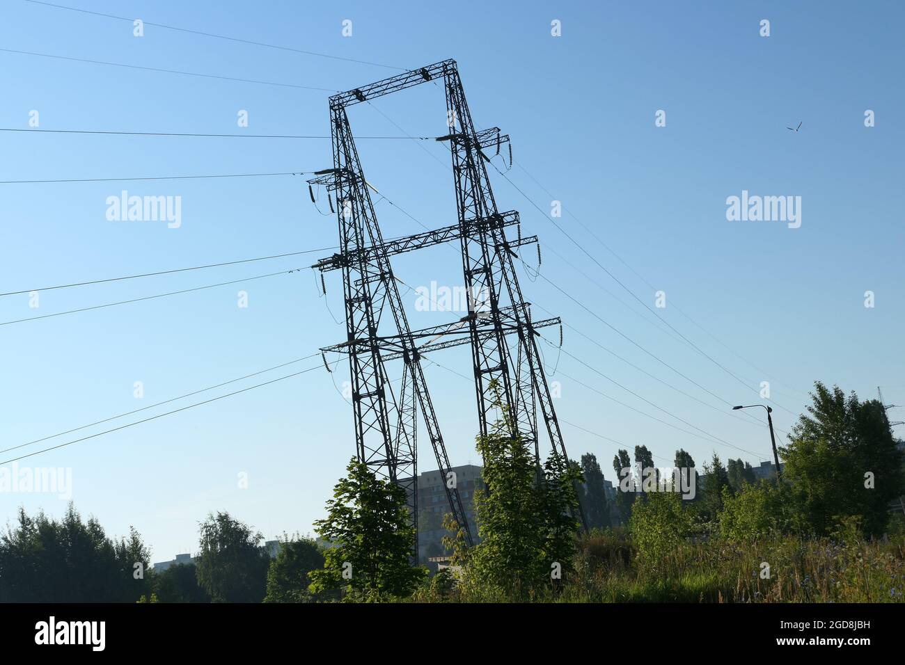 Power line. High construction with wires for power transmission Stock ...