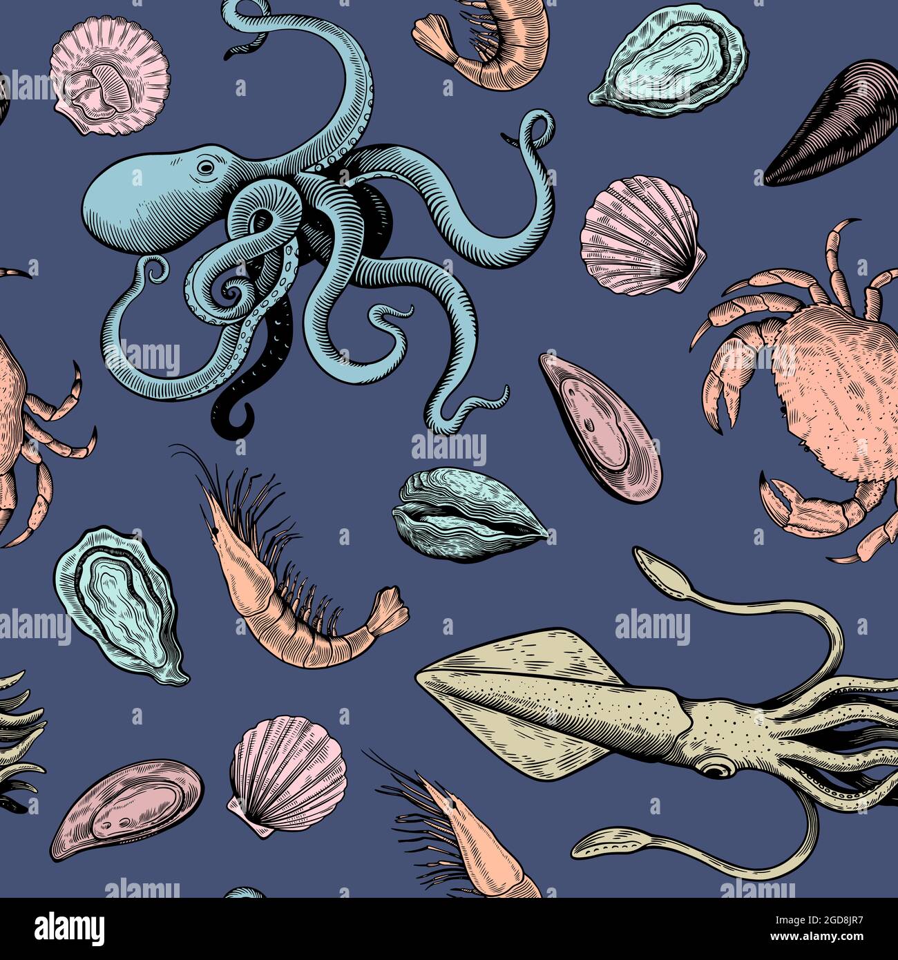 Seamless pattern with seafood elements in woodcut style and pastel ...