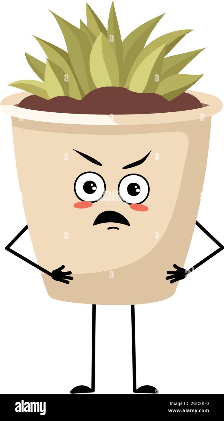 Cute character indoor plant in a pot with angry emotions, grumpy face ...