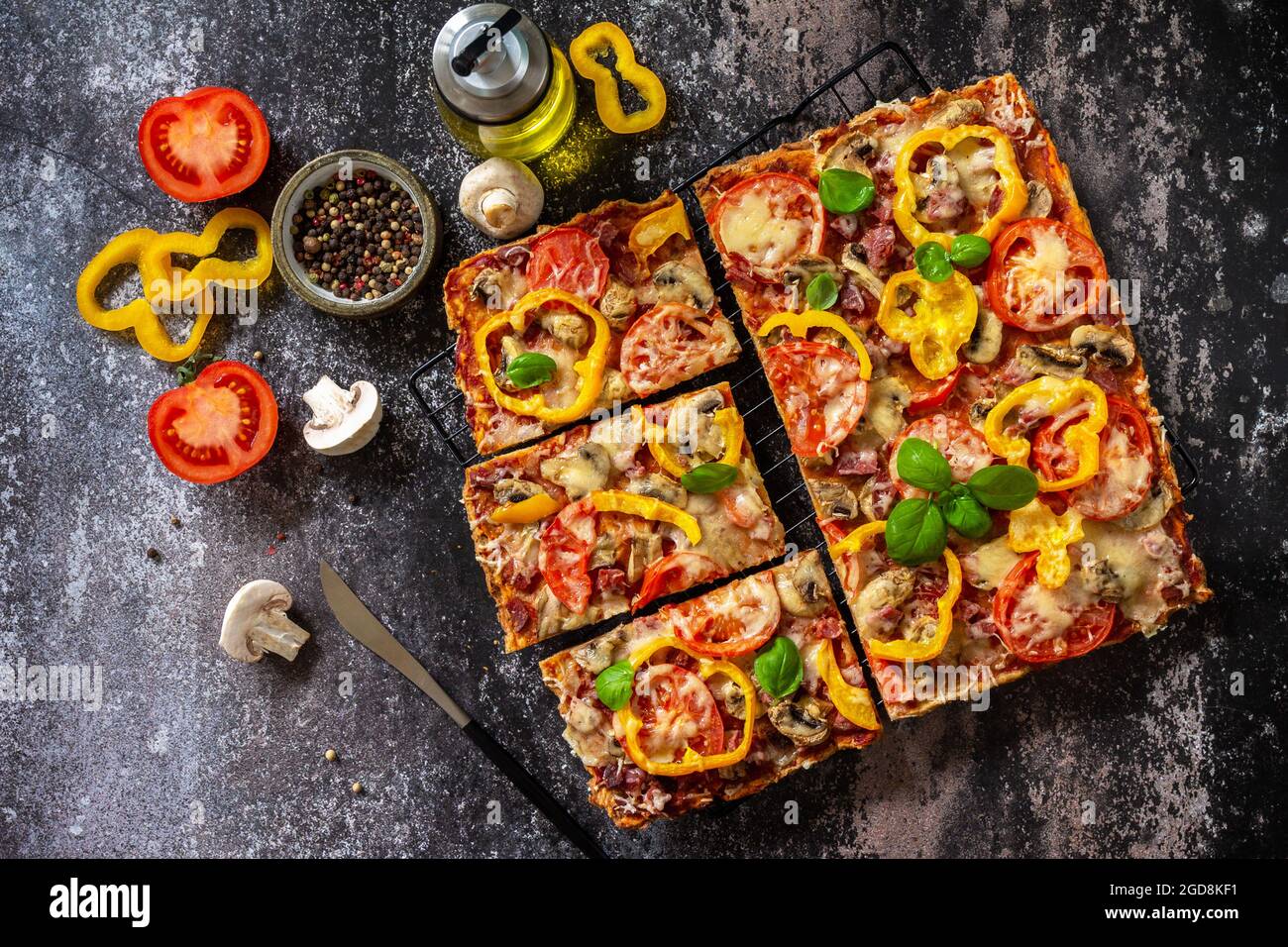 Homemade baking Detroit-Style pizza. Large rectangular Pepperoni pizza ...