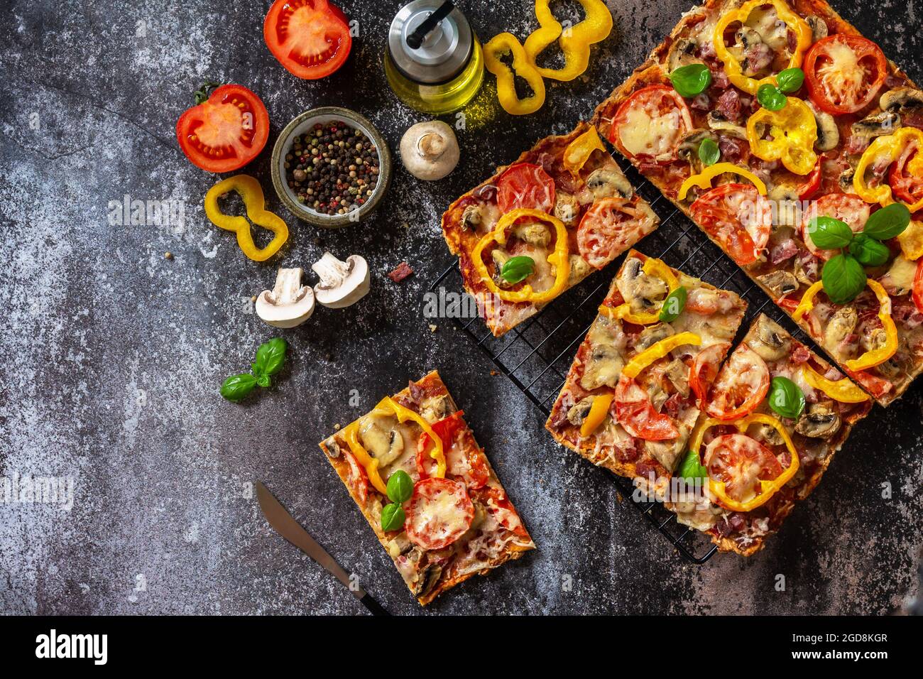 Homemade baking Detroit-Style pizza. Large rectangular Pepperoni pizza ...