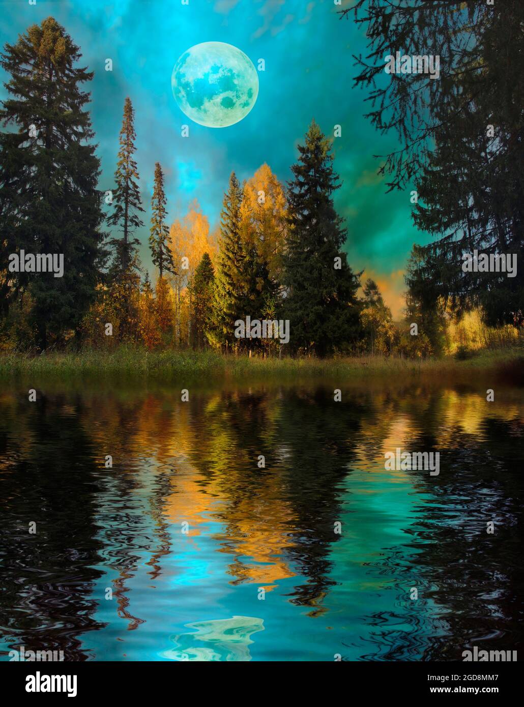 Moon Reflection On Water Landscape Watercolor Illustration Of Autumn