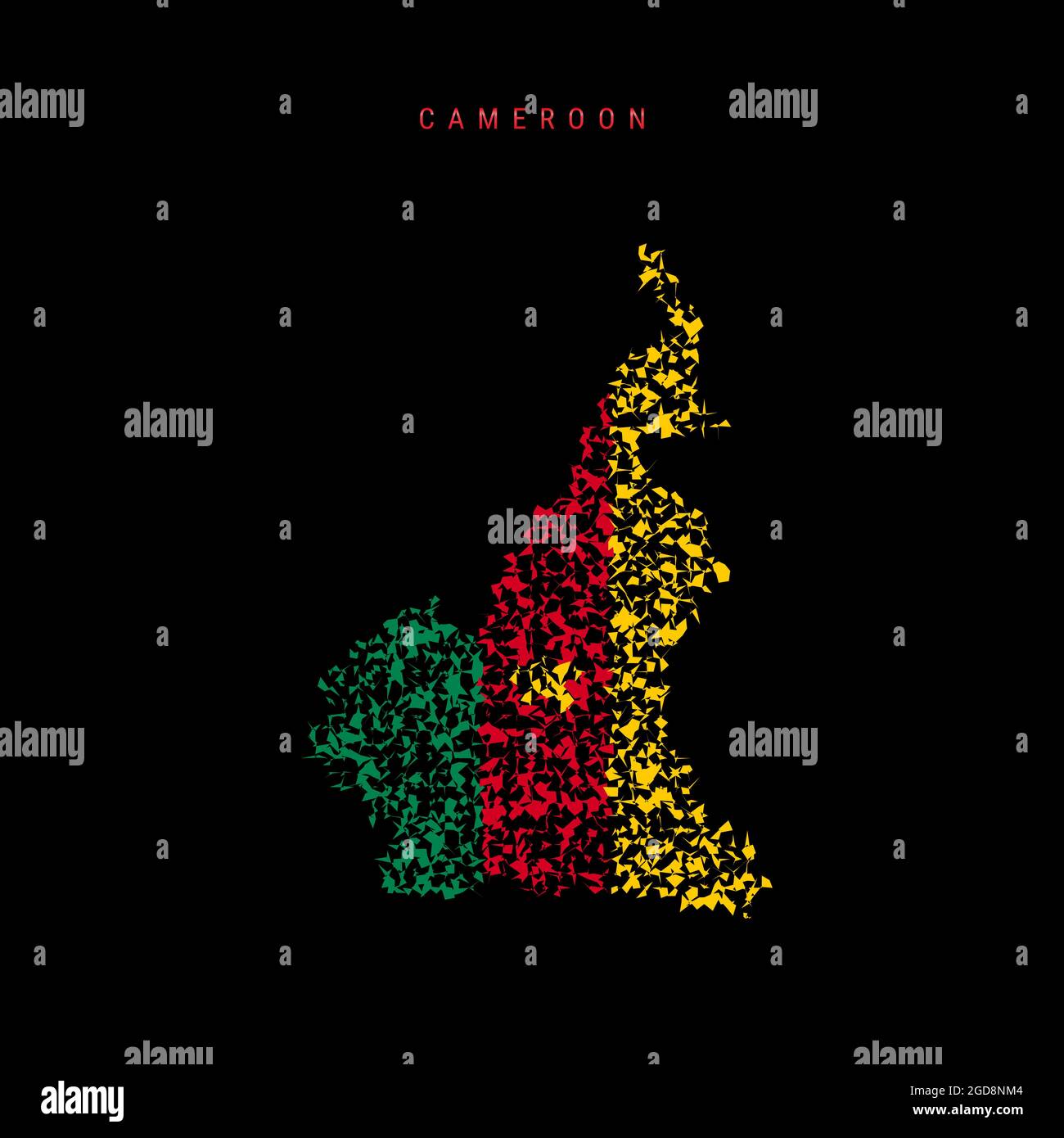 Cameroon flag map, chaotic particles pattern in the colors of the ...