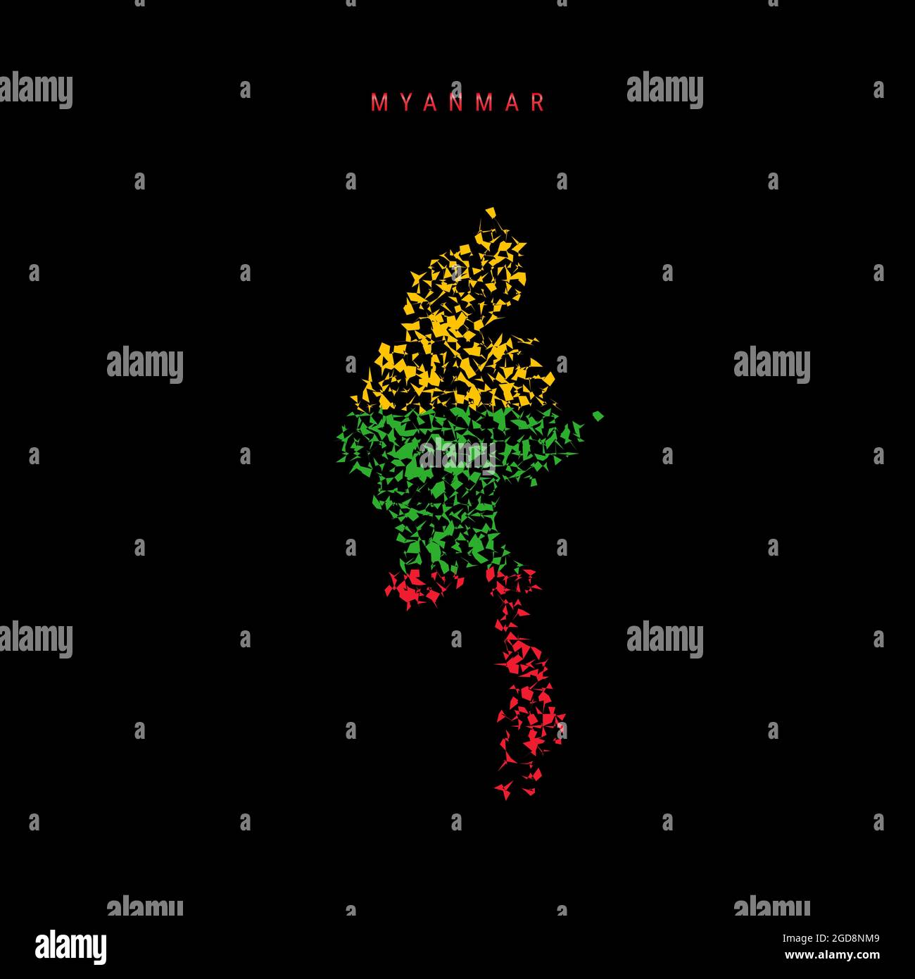 Myanmar flag map, chaotic particles pattern in the colors of the Burma ...