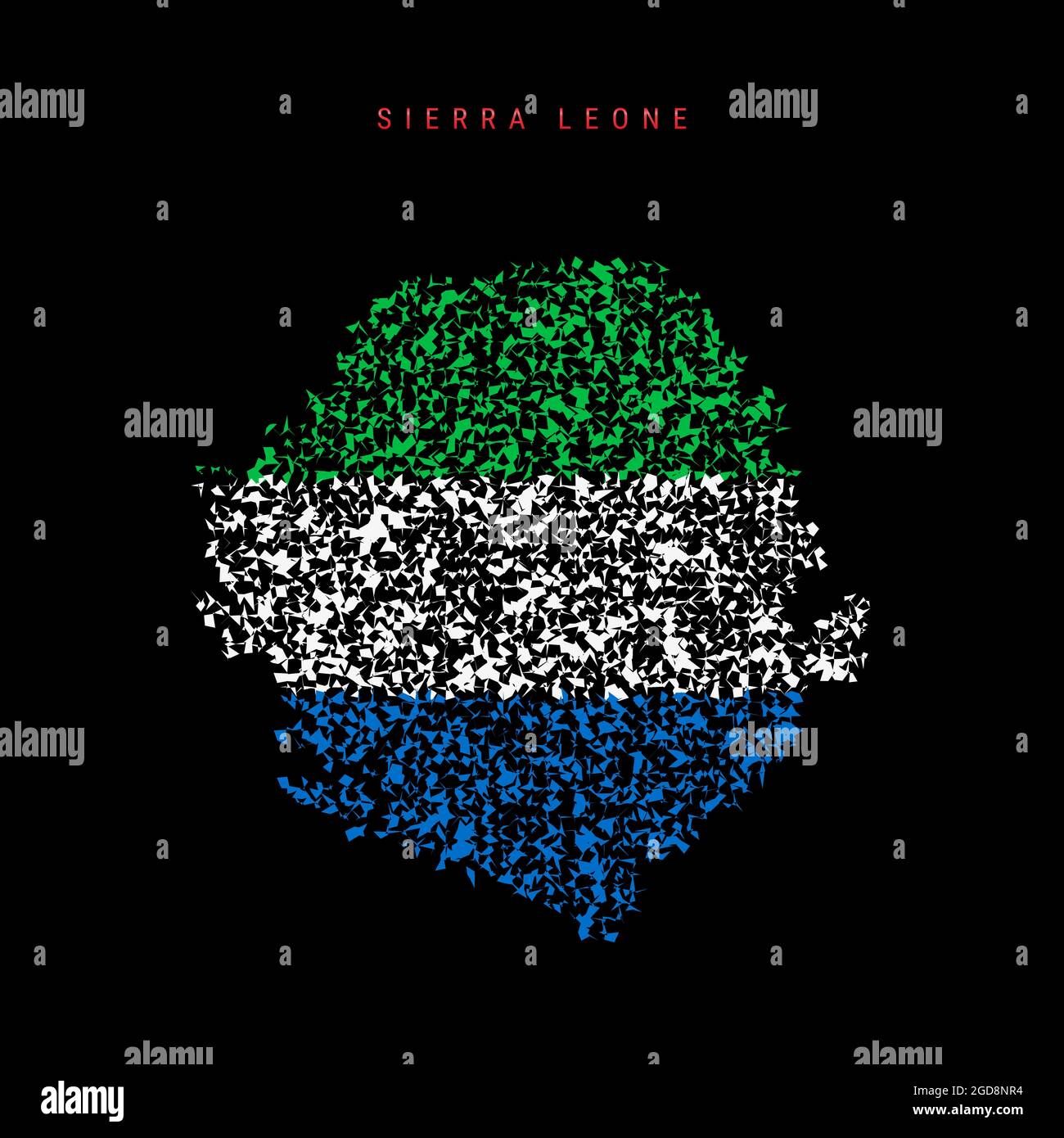 Sierra Leone flag map, chaotic particles pattern in the colors of the Salone flag. illustration ...