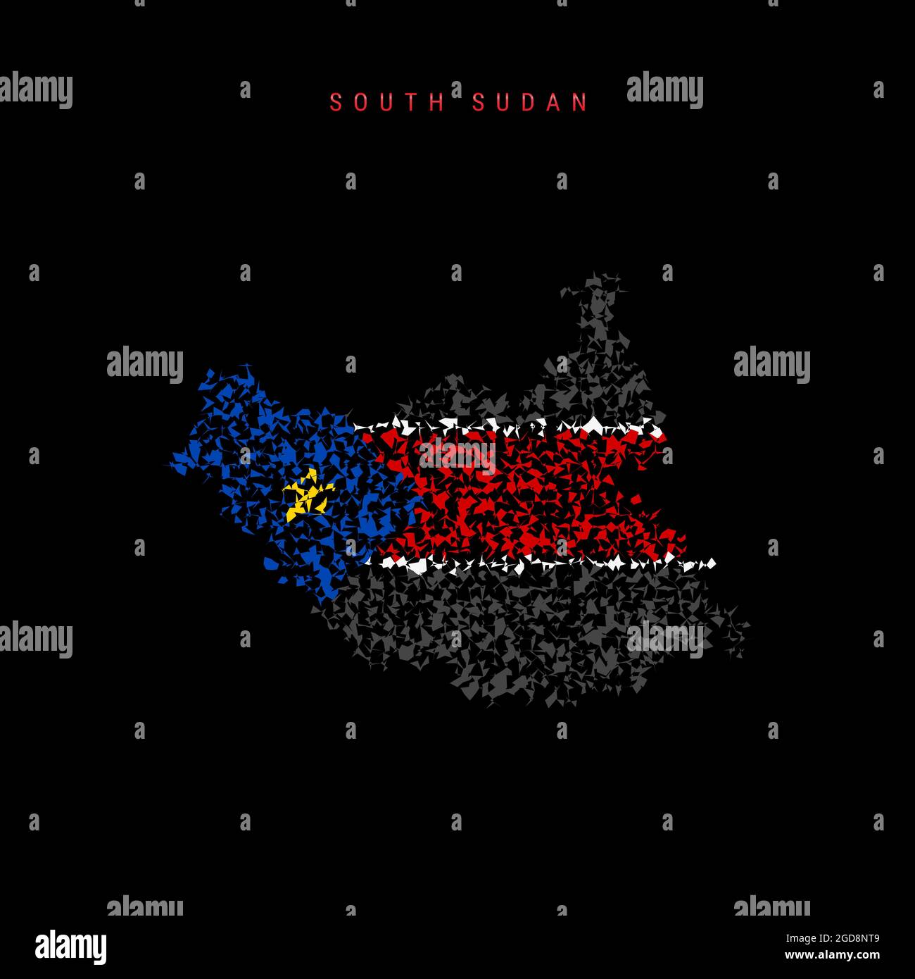 South Sudan flag map, chaotic particles pattern in the colors of the ...