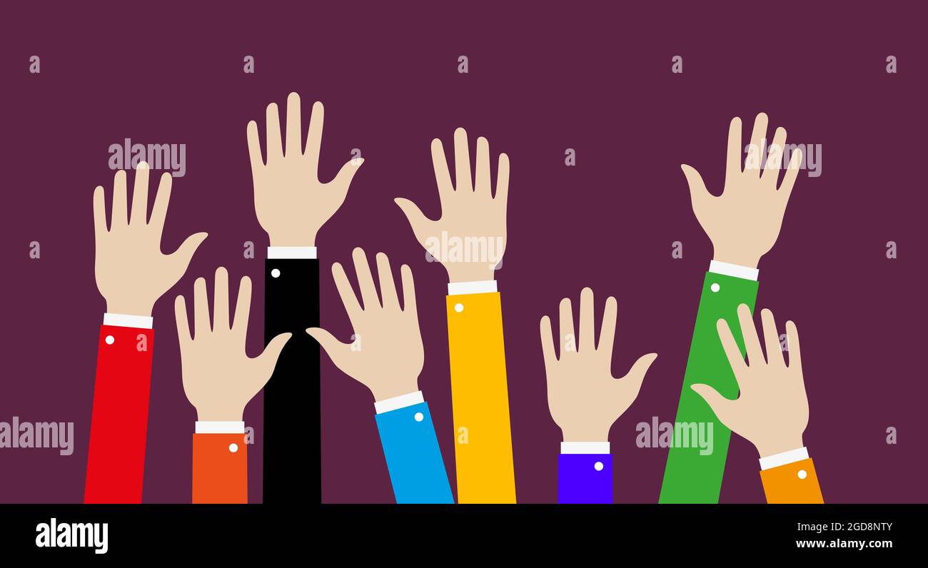 Concept of raised up hands. Education, business training concept. Flat ...