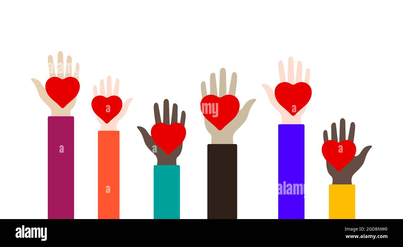 Childrens hands with red hearts raised in different colors. Charity ...